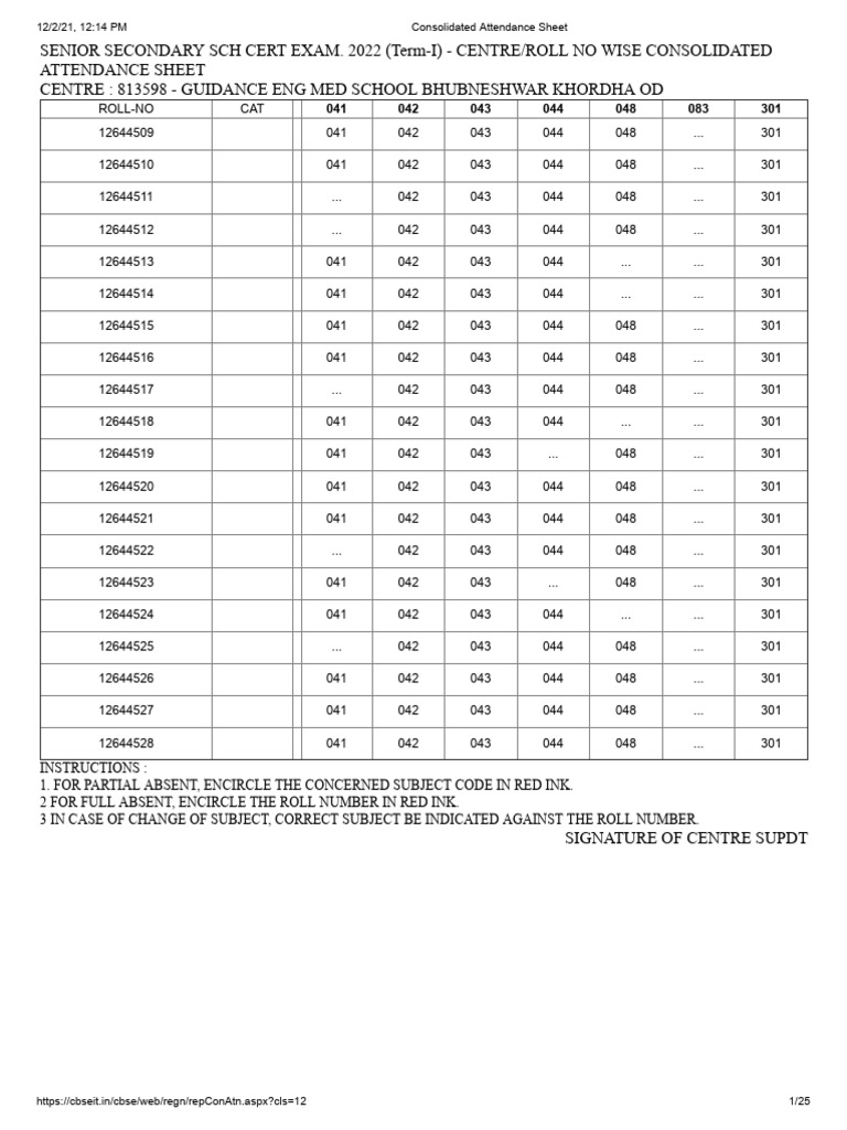 Senior Secondary Exam Attendance Sheet | PDF