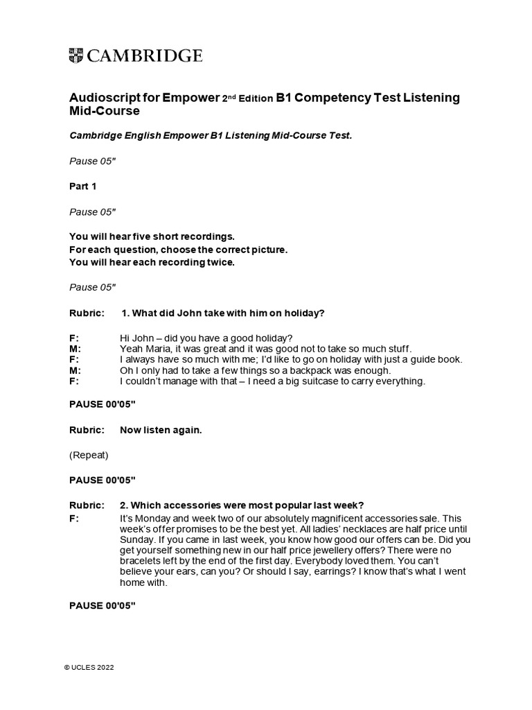 Empower Second Edition B1 Mid Course Competency Listening Test ...