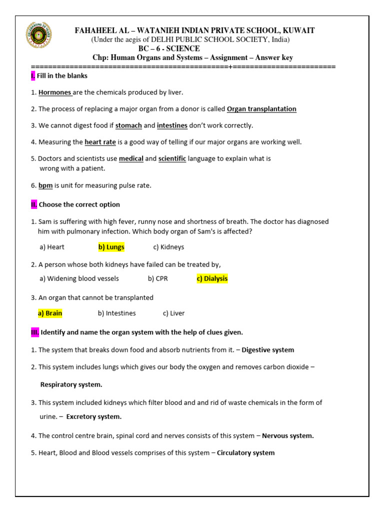 Human Organs & Systems - Asmnt - Ans Key | PDF | Human Body | Heart