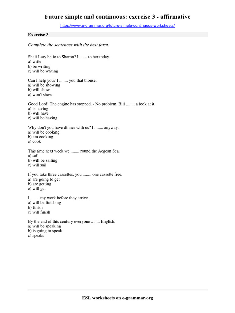 Future Simple Continuous Exercise New | PDF