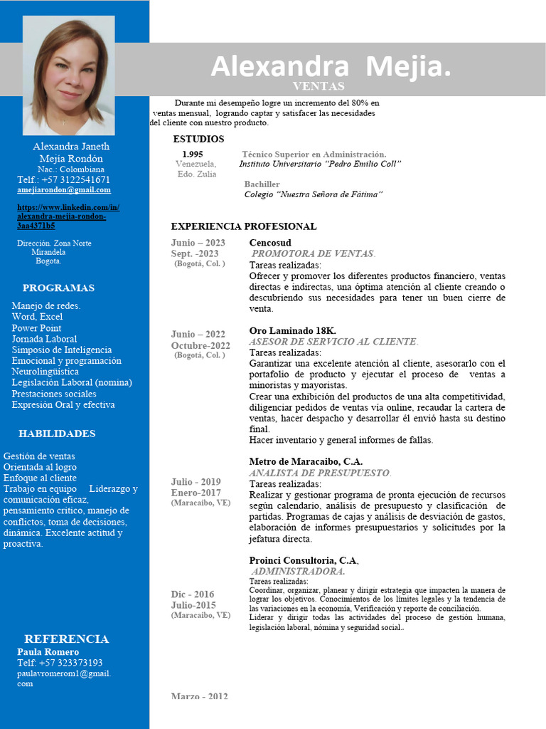 CV Alexandra Mejia Promotora | PDF | Presupuesto | Bogotá