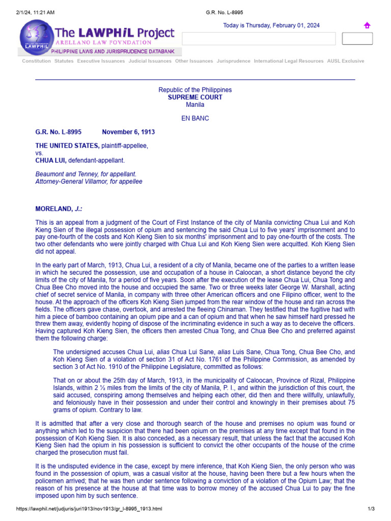 People v. Chua Lui: Opium Case 1913 | PDF | Possession (Law) | Judiciaries