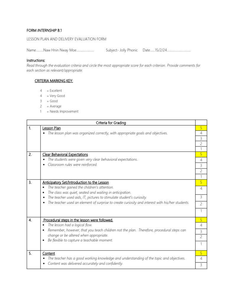 Lesson Plan Evaluation Form for Jolly Phonics | PDF | Teachers | Classroom Management