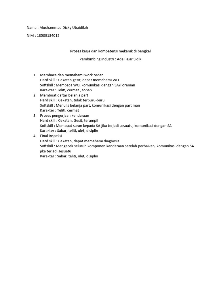 Proses Kerja Dan Kompetensi Mekanik | PDF