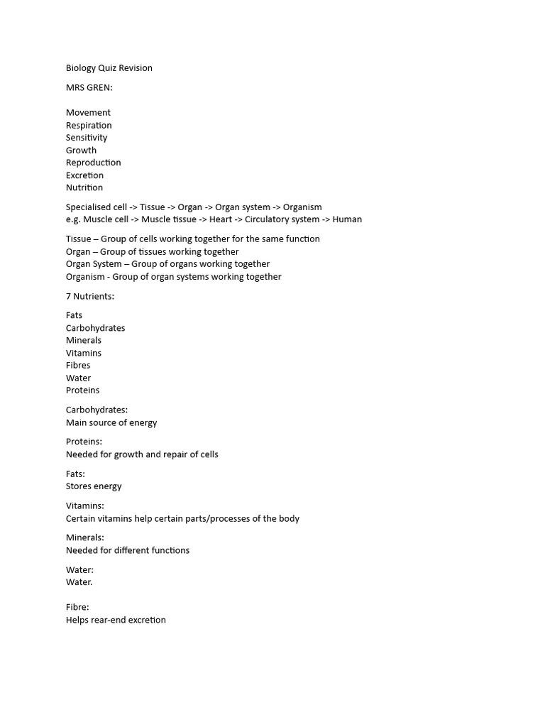 Biology Revision KS3 Cells To Systems and Respiration | PDF | Digestion ...
