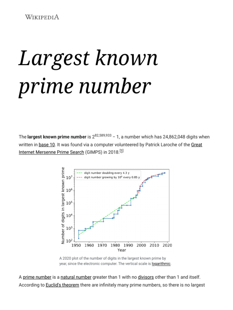 Largest Known Prime Number - Wikipedia | PDF | Recreational Mathematics ...