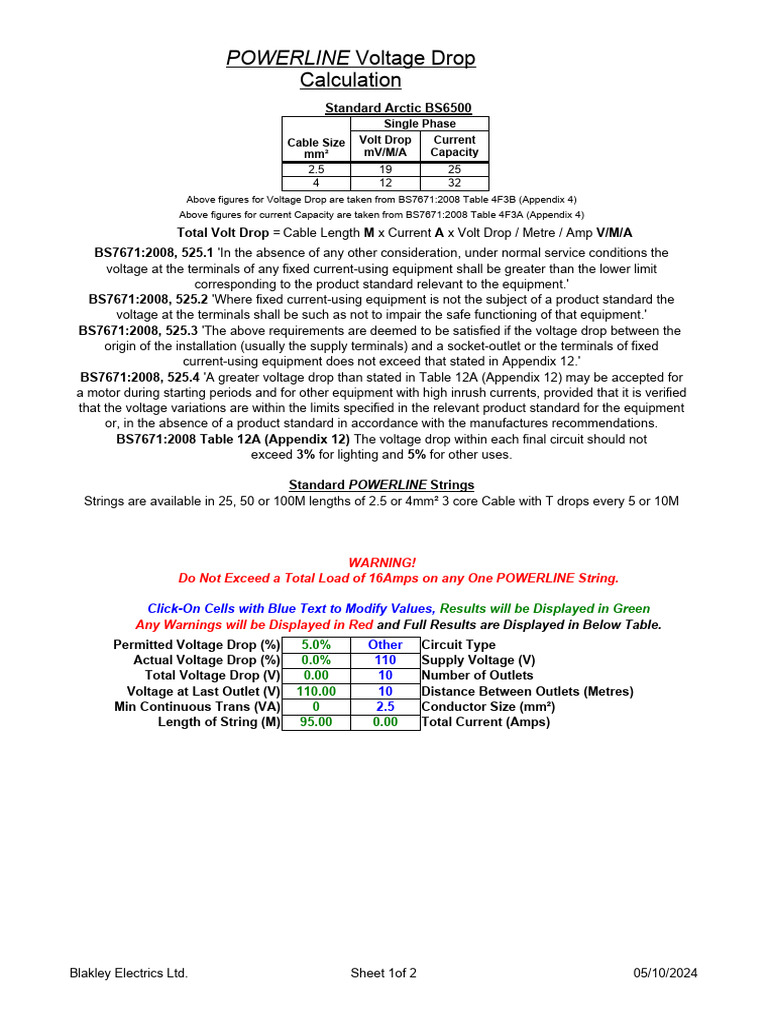 Powerline Voltage Drop Spreadsheet | Download Free PDF | Ac Power Plugs ...
