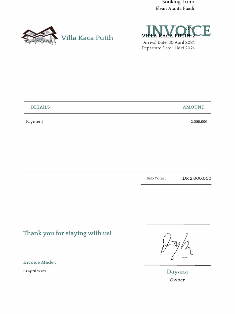 Invoice Villa Kaca Putih - 20240422 - 131315 - 0000 | PDF