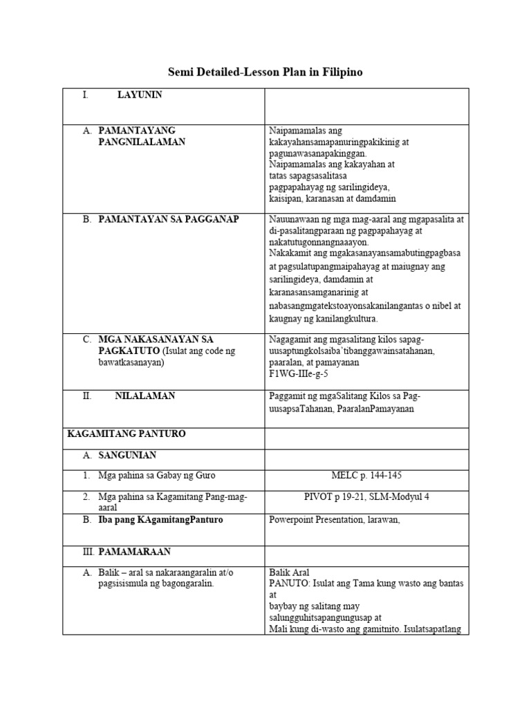 Semi Detailed Lesson Plan Filipino Monday | PDF