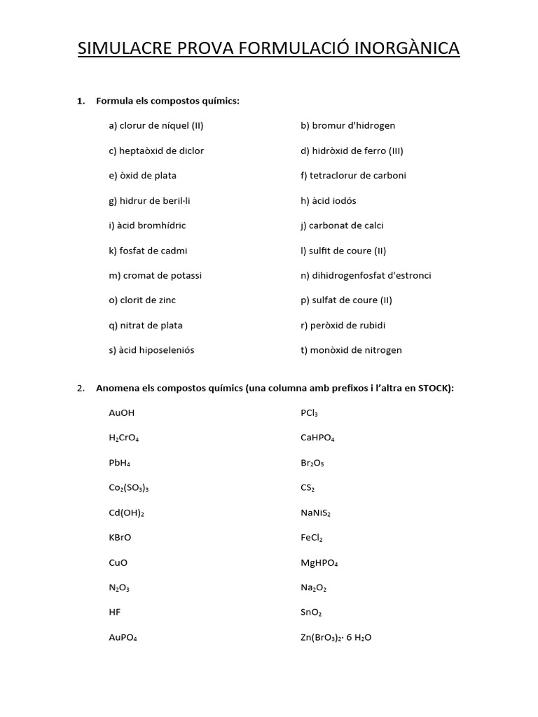 Simulacre Prova Formulació Inorgànica | PDF