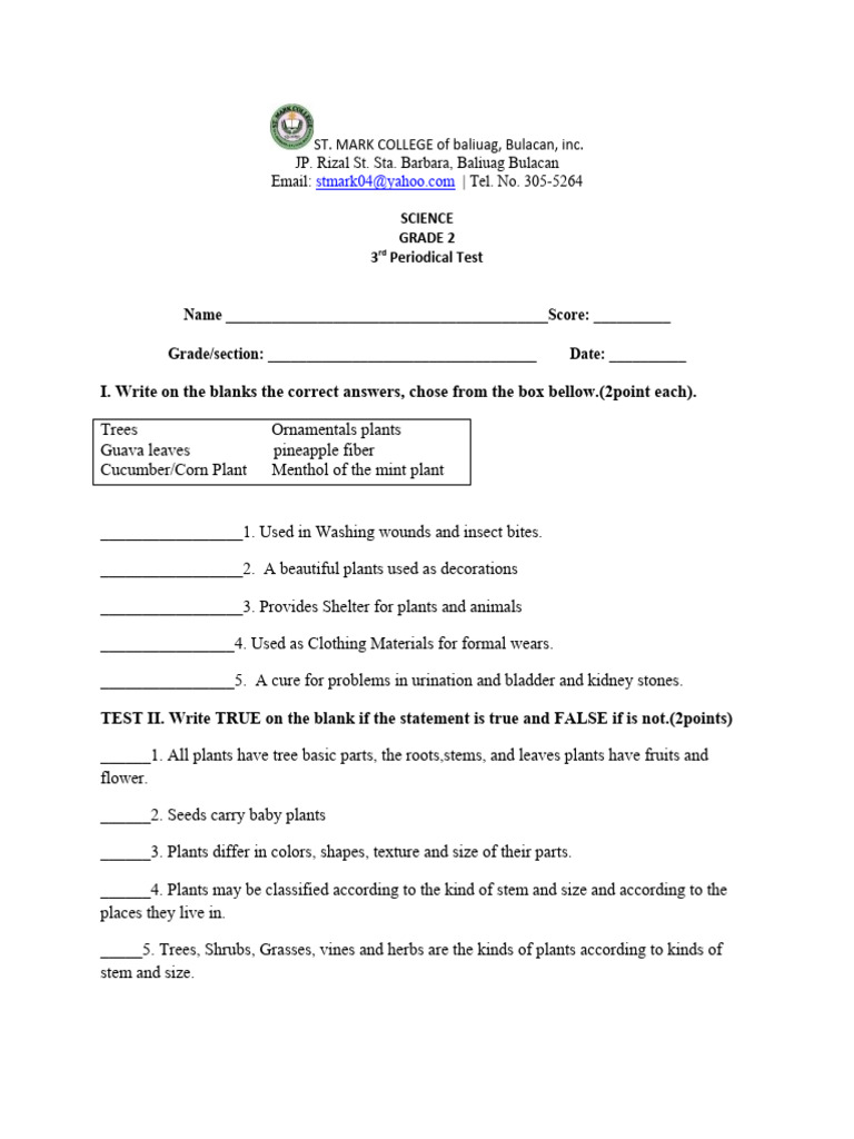 Grade 2 Science 3rd Periodical Test | PDF | Plants | Trees