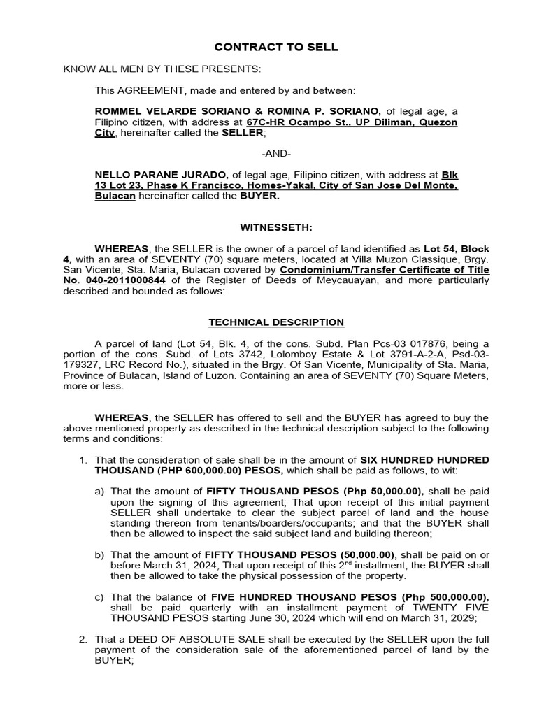 Contract To Sell | PDF | Taxes | Deed