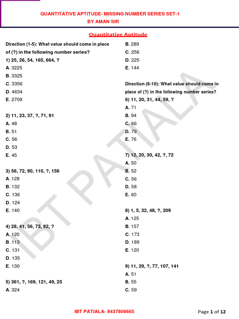 Missing Number Series Set-1 by Aman Sir | PDF
