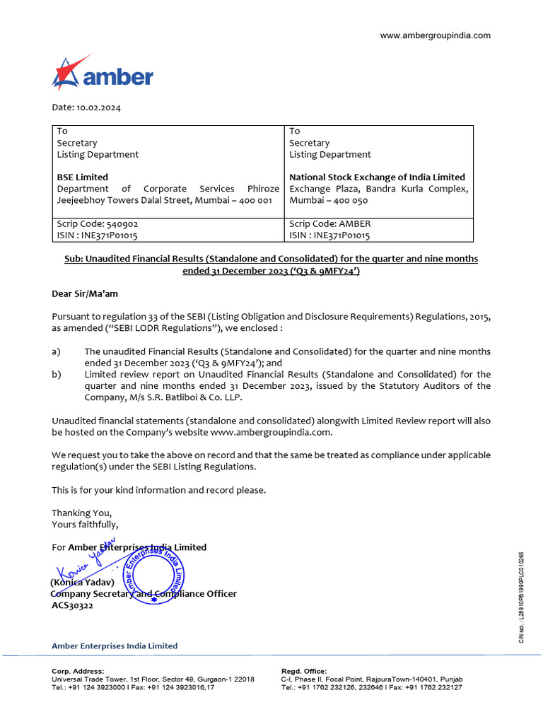 Amber Enterprises India Limited: Corp. Address: Regd. Office | PDF ...