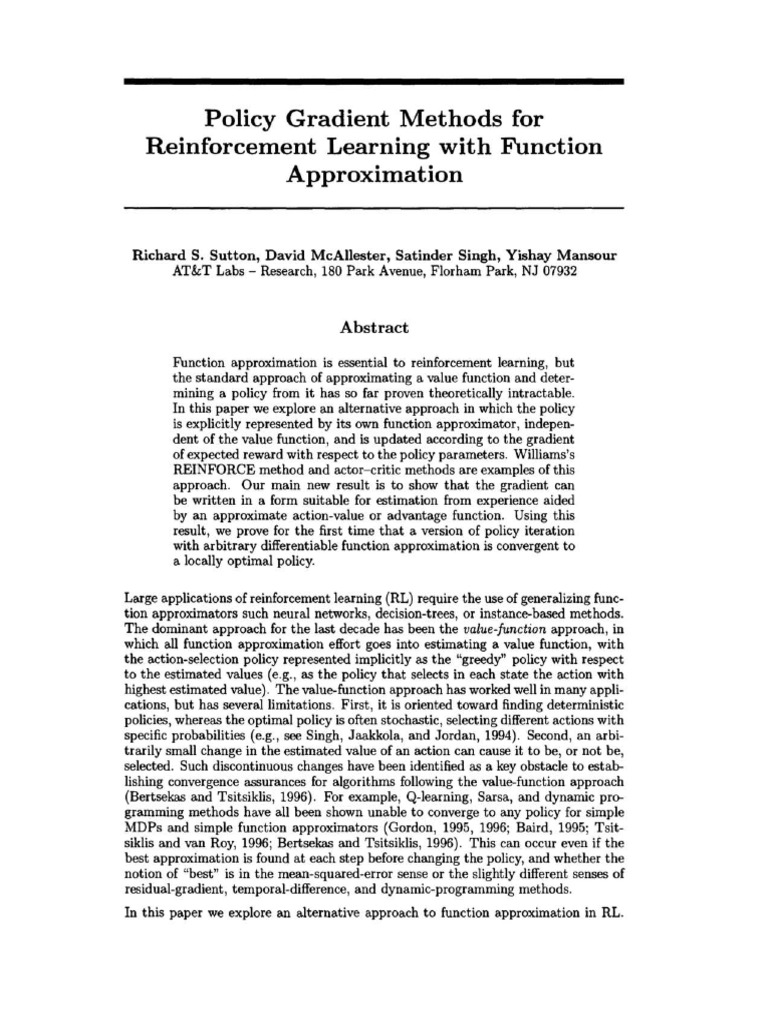 Policy Gradient Methods For Reinforcement Learning With Function ...