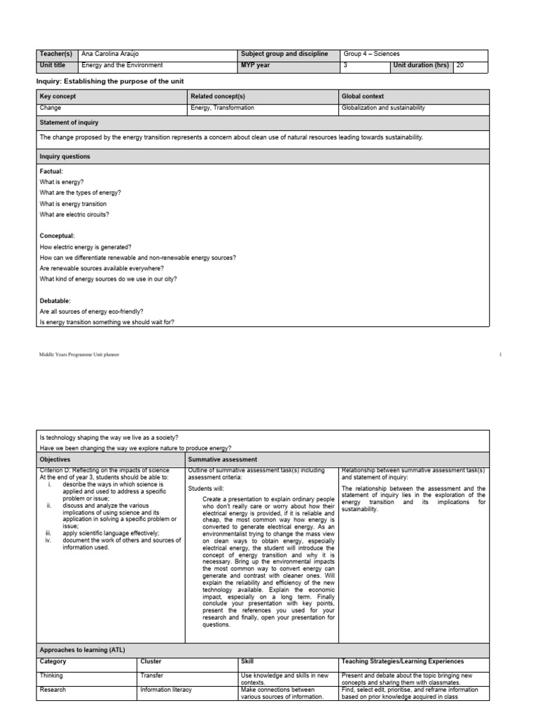 MYP Year 3 - Unit 1 - Ana Carolina | PDF | Sustainability | Information