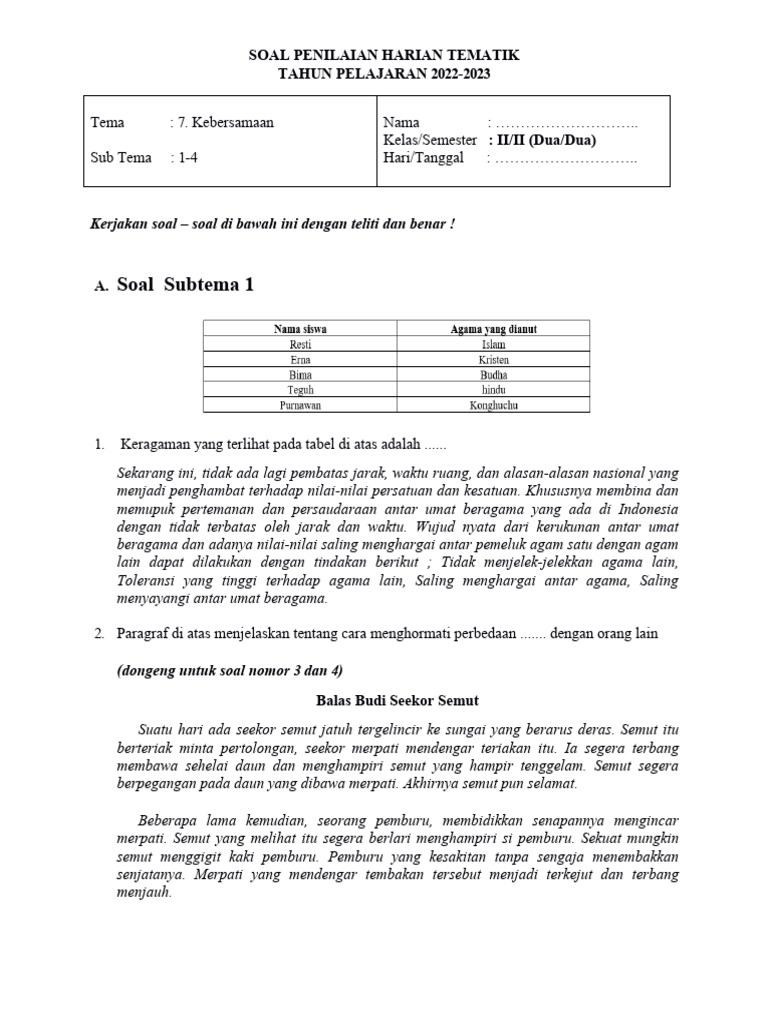 Soal Penilaian Tematik Kelas II | PDF | Dewasa Muda