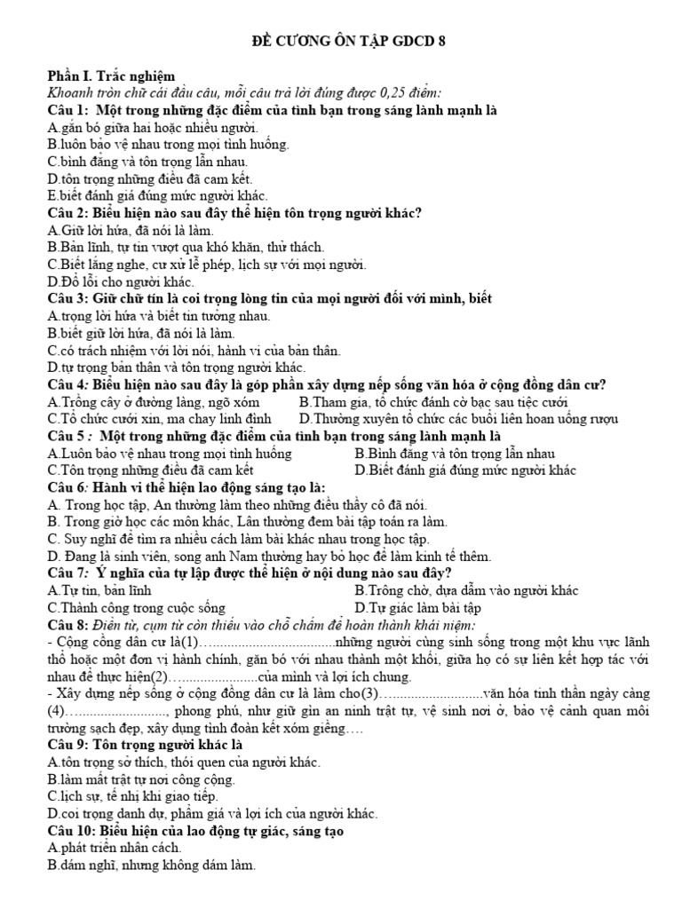 Đề cương GDCD 8 cuối kì I (22-23) | PDF