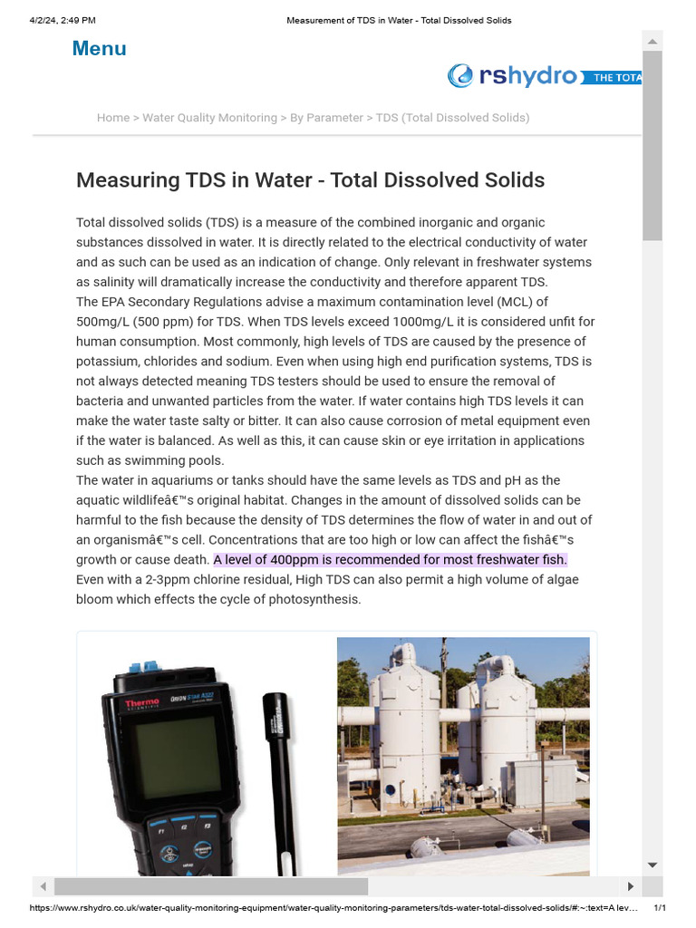 Measurement of TDS in Water - Total Dissolved Solids | PDF | Science ...