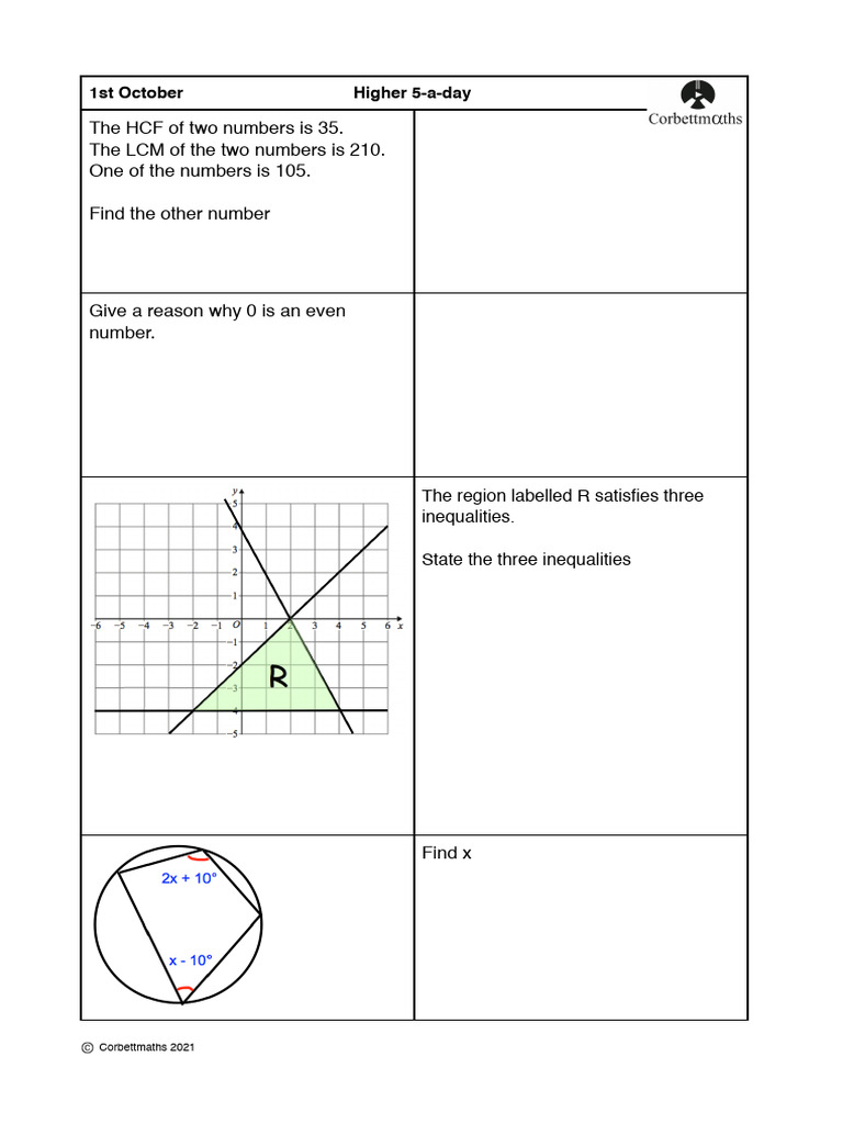 Corbett Maths Higher 5-a-Day Tasks | PDF | Area | Circle