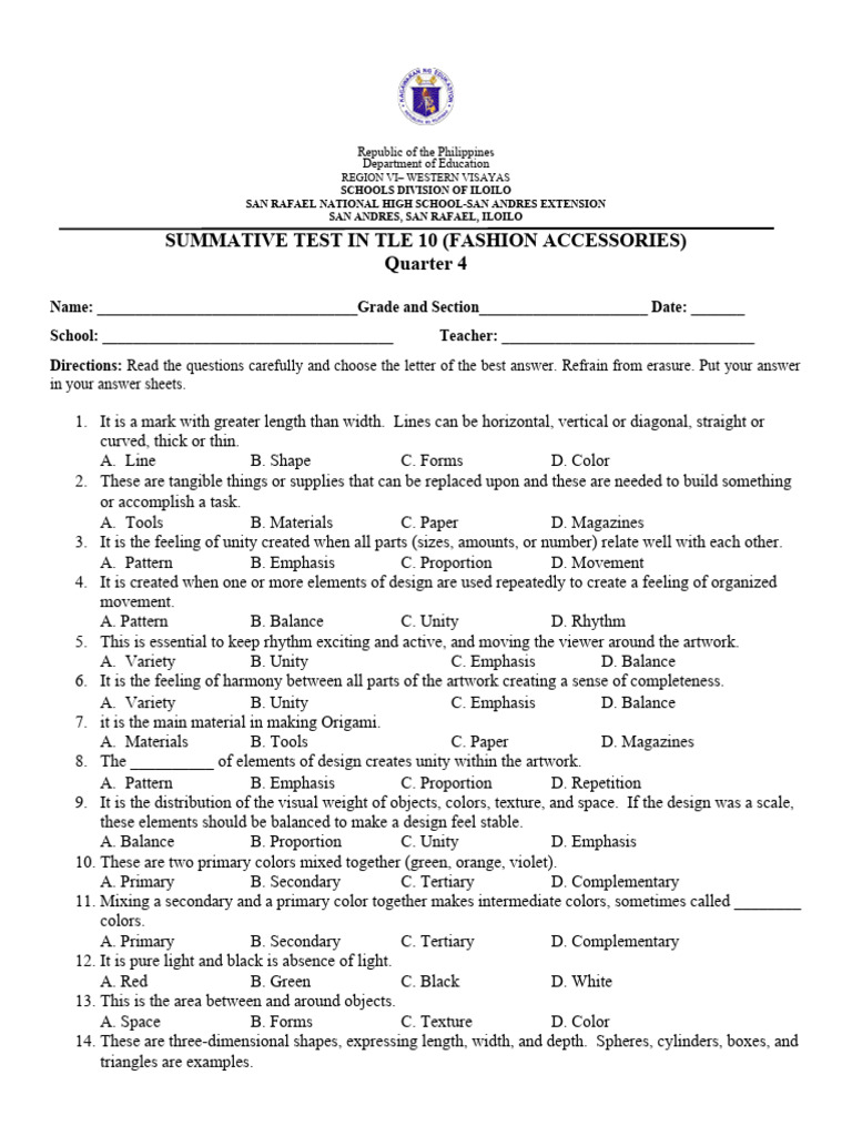 TLE 10 Summative Test: Fashion Accessories | PDF | Color