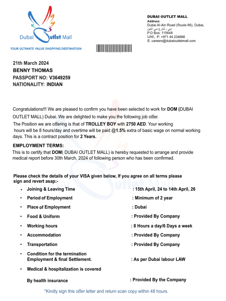 Dubai Outlet Mall Job Offer 2024 | PDF | Labour Law | Employment