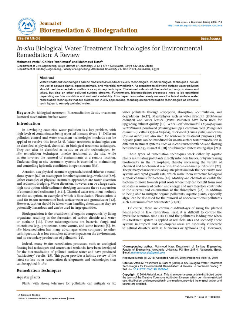 Insitu Biological Water Treatment Technologies For Environmental ...