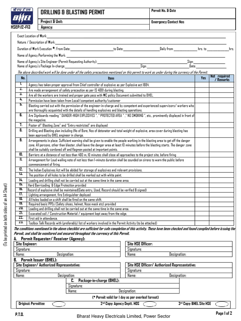 HSEP12F13 - Drilling & Blasting Permit | Download Free PDF | Safety