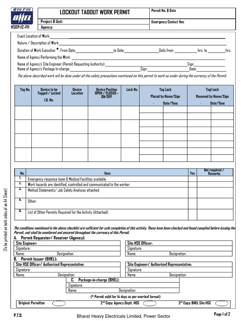 HSEP12F11_Lockout Tagout Permit | PDF | Occupational Safety And Health ...