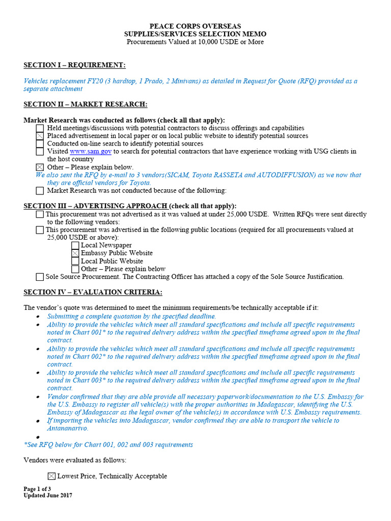 Selection Memo - Vehicles FY20 | PDF | Procurement | Specification ...
