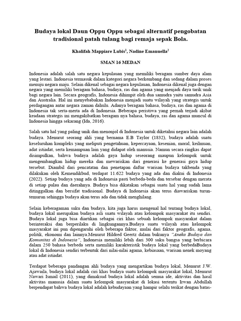 Budaya Lokal Daun Oppu Oppu Sebagai Alternatif Pengobatan Tradisional Patah Tulang Bagi Remaja ...