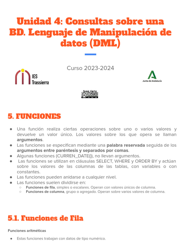 Funciones DML en Consultas SQL | PDF | Programación de computadoras | Informática
