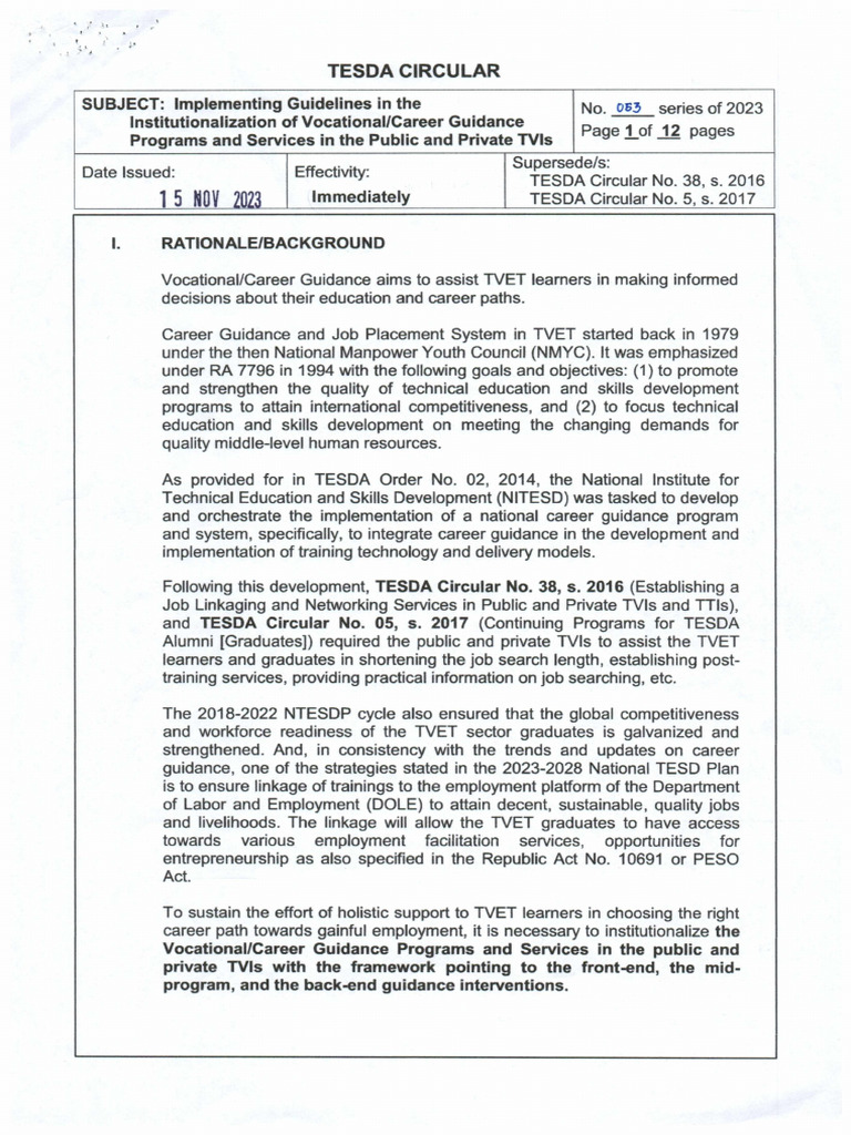 TESDA Circular 53: Career Guidance Framework | PDF | Vocational ...