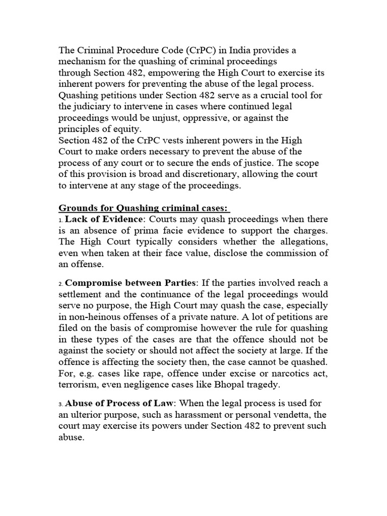 Quashing Petitions Under Section 482 of The Criminal Procedure Code (CRPC) | PDF | Vexatious ...