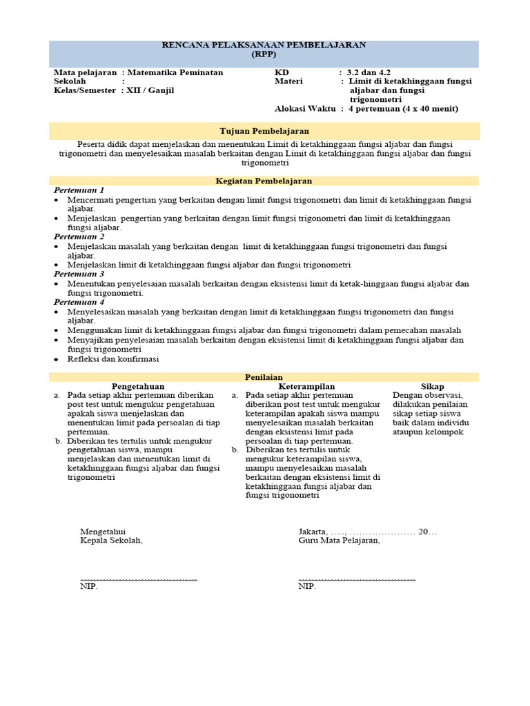 RPP Limit Di Ketakhinggaan Fungsi Aljabar Dan Fungsi Trigonometri | PDF