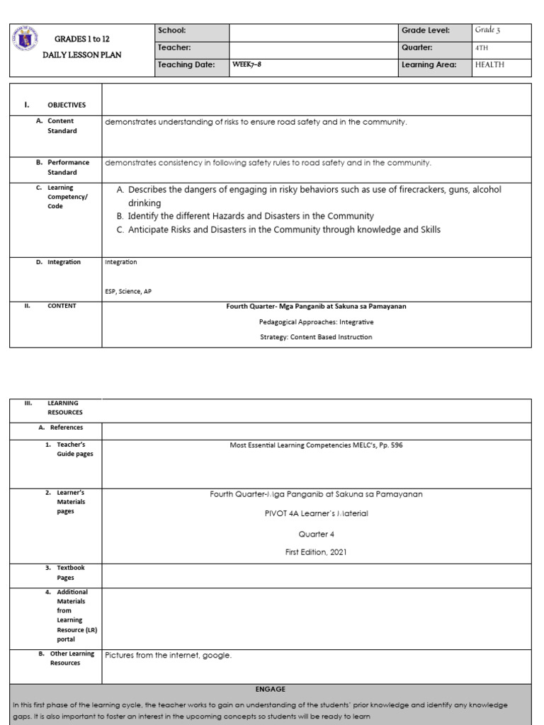 Grade3 - Health - Ligtas Na Kalsada | PDF | Learning | Teachers