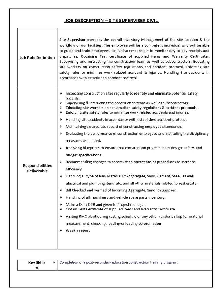Site Supervisor Job Description | PDF | Occupational Safety And Health ...