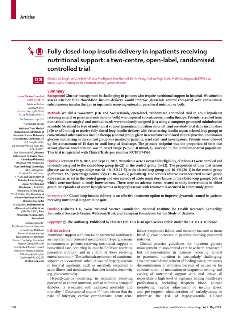 Fully Closed Loop Insulin Delivery In Inpatients R Pdf Diabetes Clinical Medicine