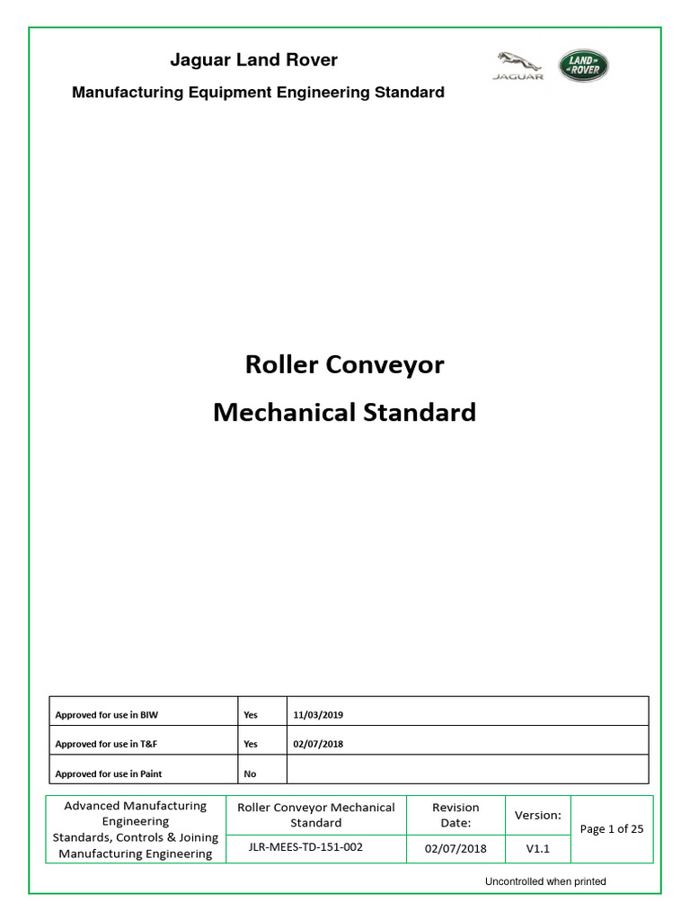 Roller Conveyor Mechanical Standard V1.1 JLR-MEES-TD-151-002 | PDF ...