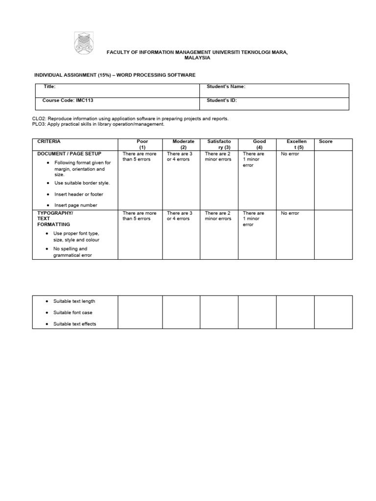 Imc113 - Rubrik Individual Word Processing (20%) | PDF | Paragraph ...