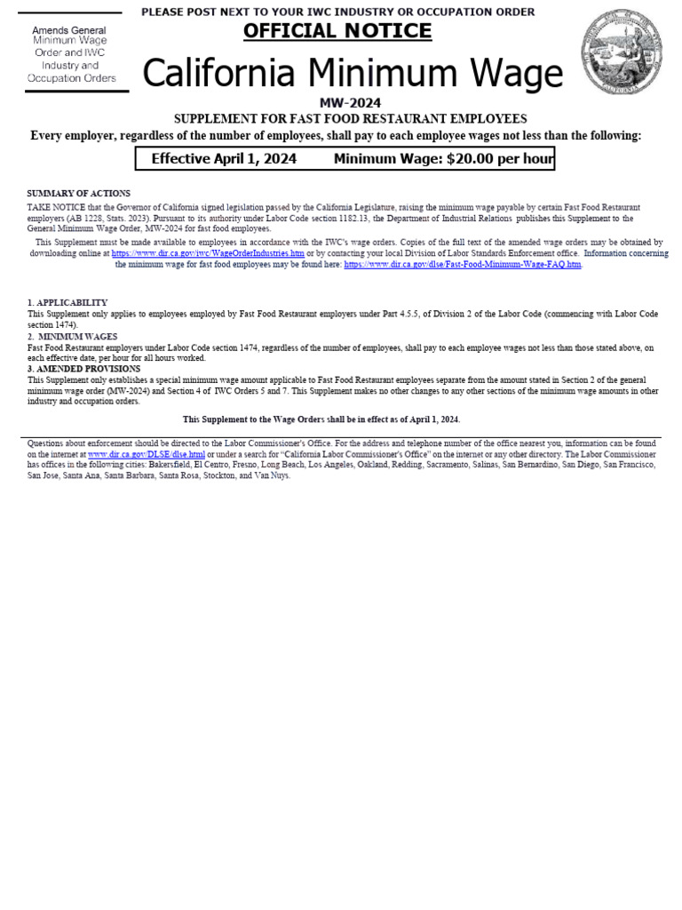 Minimum Wage Order Supplement For Fast Food Restaurant Employees ...