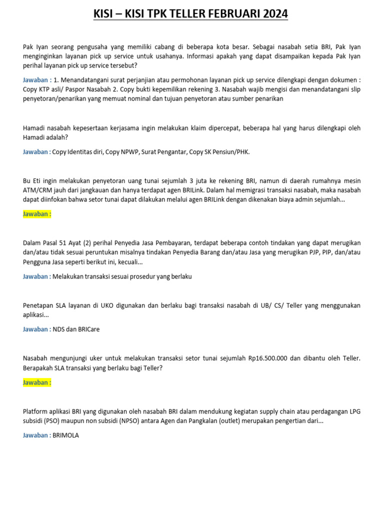 Kisi - Kisi TPK Teller Februari 2024 | PDF