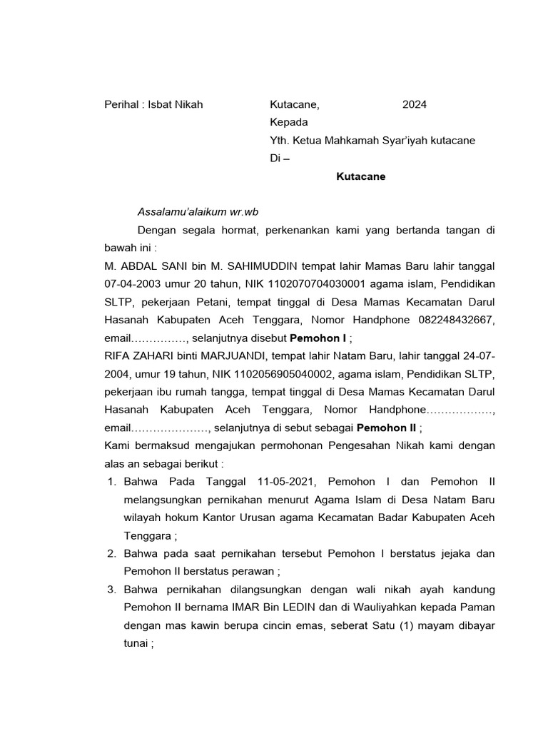 Perihal Permohonan Isbat Nikah | PDF