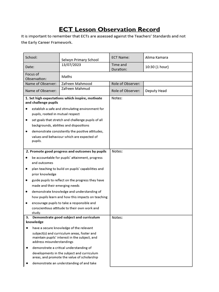 Maths ECT_Lesson_Observation_Record | PDF | Curriculum | Teachers