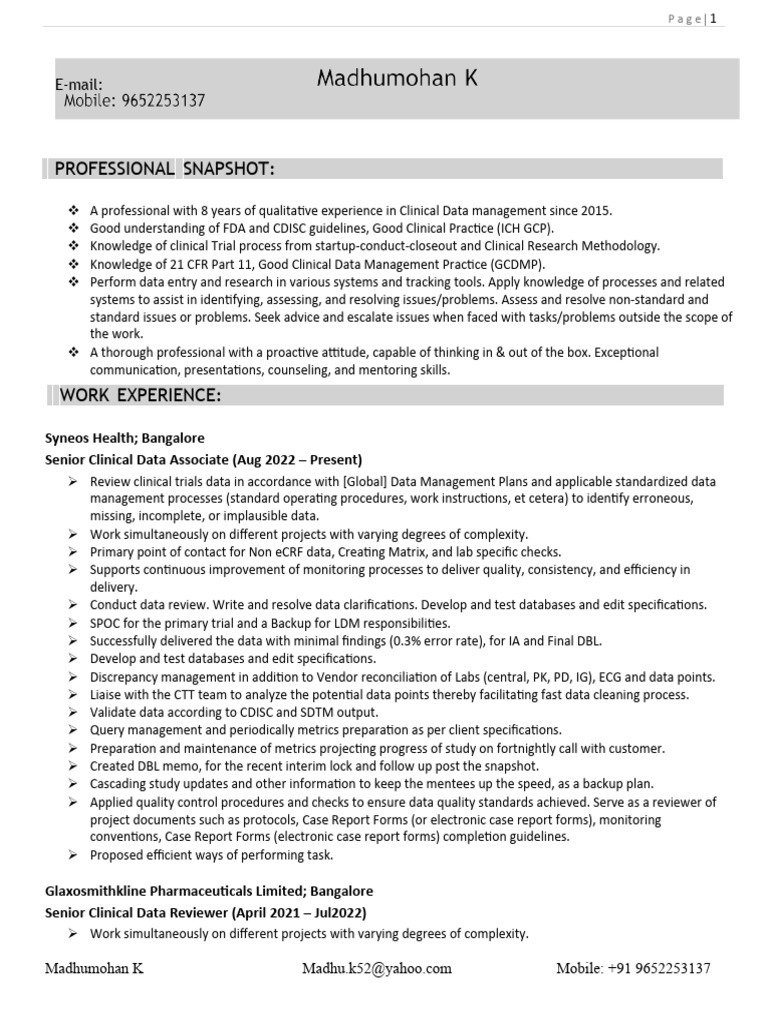 Madhumohan-Clinical Data Manager-CV-1 | PDF | Databases | Clinical Trial