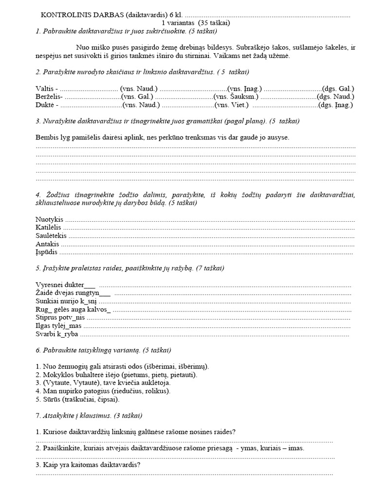 Kontrolinis Darbas.j Daiktavardis | PDF