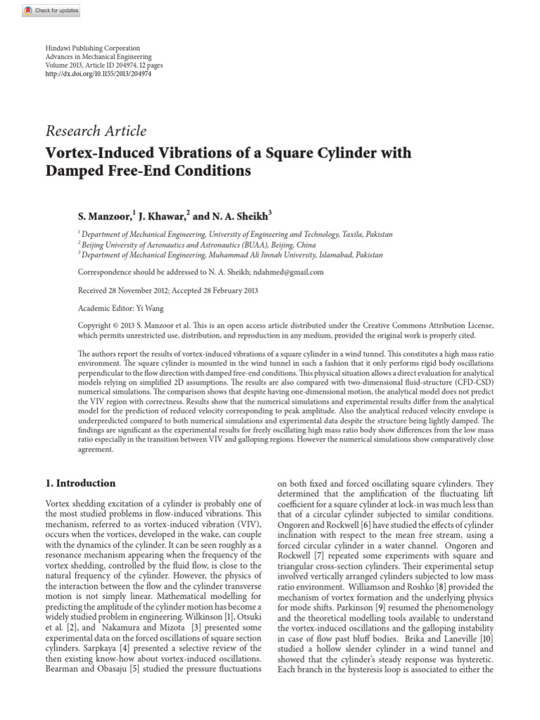 Manzoor Et Al 2013 Vortex Induced Vibrations of A Square Cylinder With Damped Free End ...