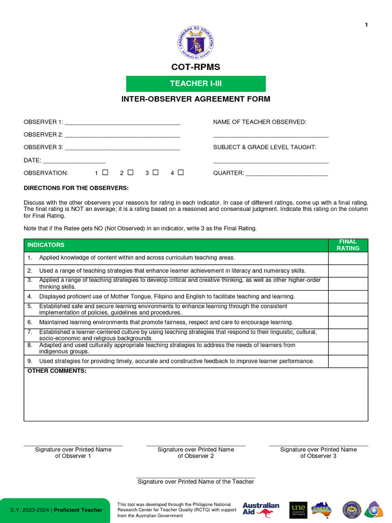 Appendix-C-10-COT-RPMS-Inter-observer-Agreement-Form-for-T-I-III-for-SY-2023-2024 | PDF ...
