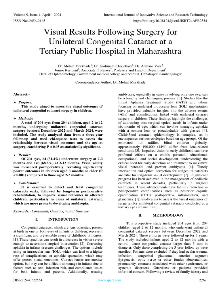 Visual Results Following Surgery For Unilateral Congenital Cataract at ...