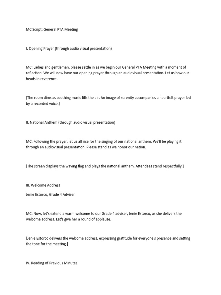MC Script For PTA Meeting | PDF